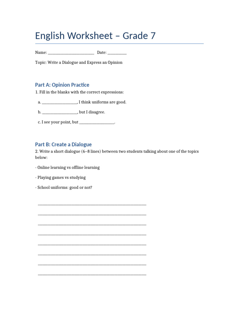 Worksheet Grade7 Dialogue Opinion | PDF