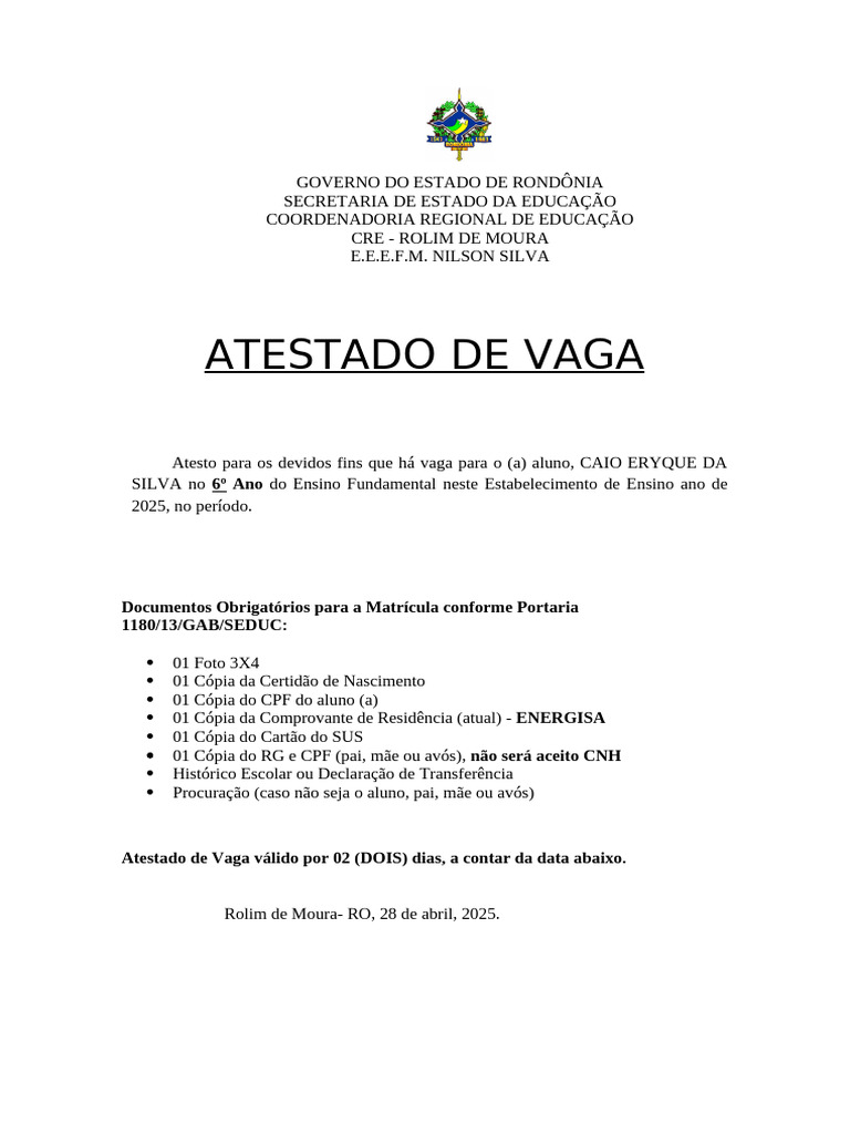 Atestado de Vaga Escolar para Aluno | PDF