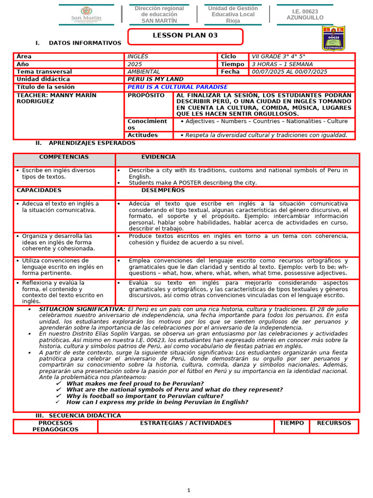 Lesson Plan 03 Ciclo Vii - Writing | PDF | Perú | Aprendizaje