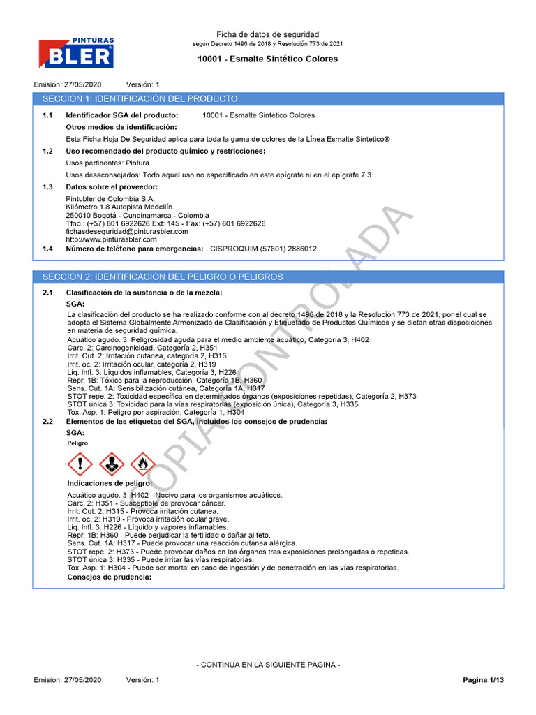 Ficha de Seguridad Esmalte Sintético 10001 | PDF | Seguridad y salud ...