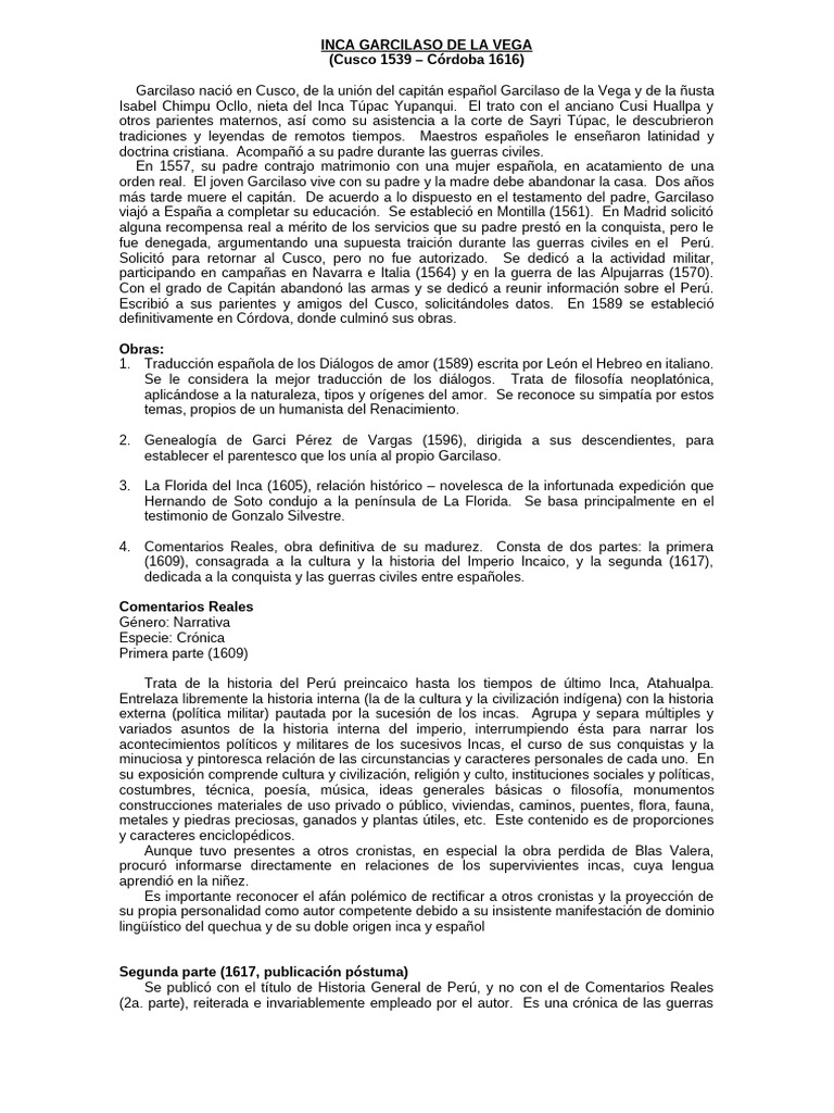 Vida y obras de Inca Garcilaso de la Vega | PDF | Imperio Inca