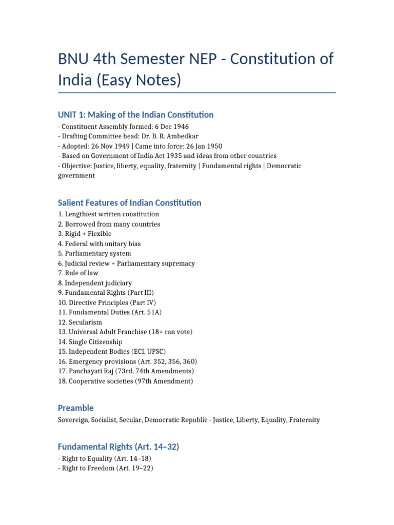 BNU 4th Semester Notes: Indian Constitution | PDF | Political Law ...