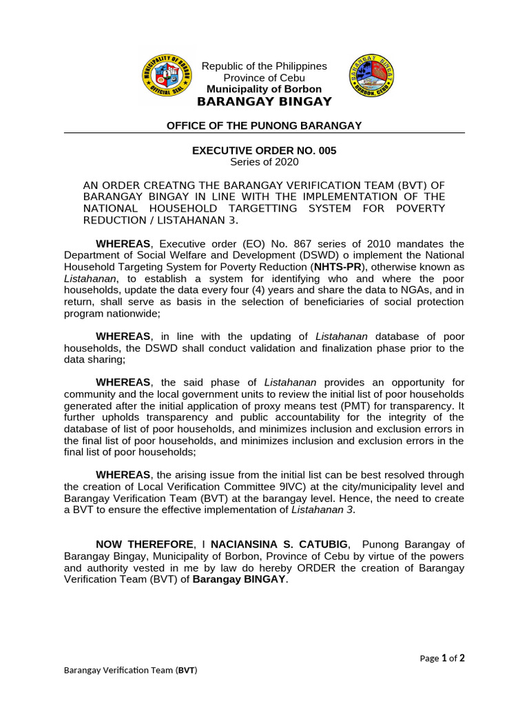 005 Brgy Verification Team BVT | PDF | Government