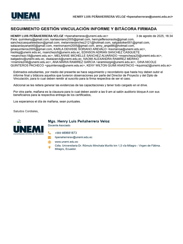 Seguimiento Gestión Vinculación Informe y Bitácora Firmada | PDF