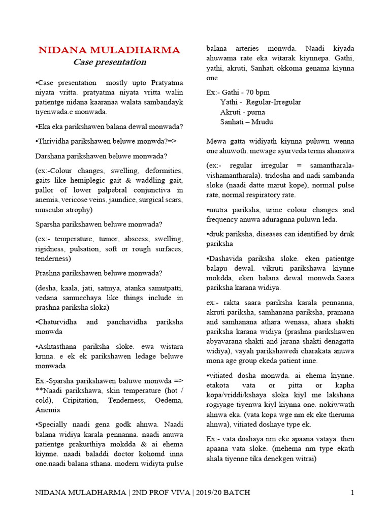 Nidana Muladharma Case Presentation | PDF | Nervous System