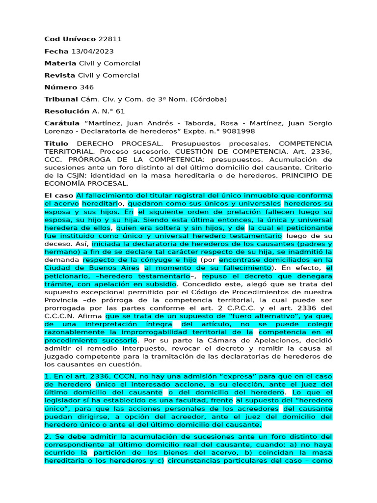 Acumulación de Sucesiones Sucesivas y Prroroga de La Competencia | PDF ...