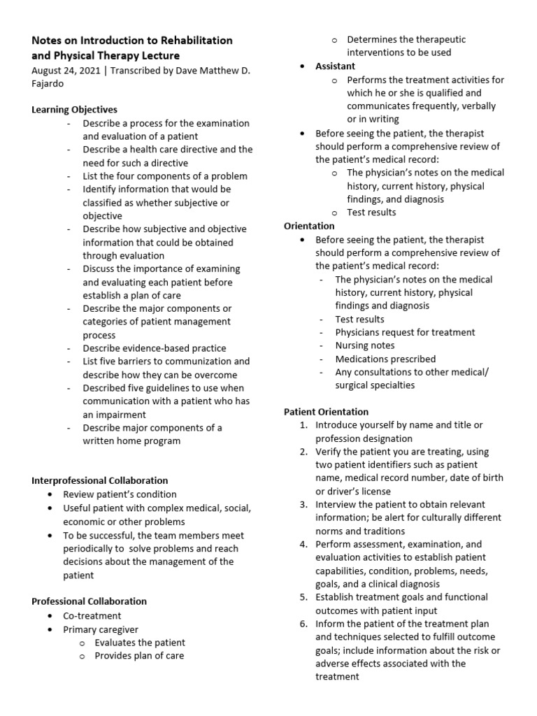Rehabilitation and PT Lecture Notes | PDF | Medical Diagnosis ...