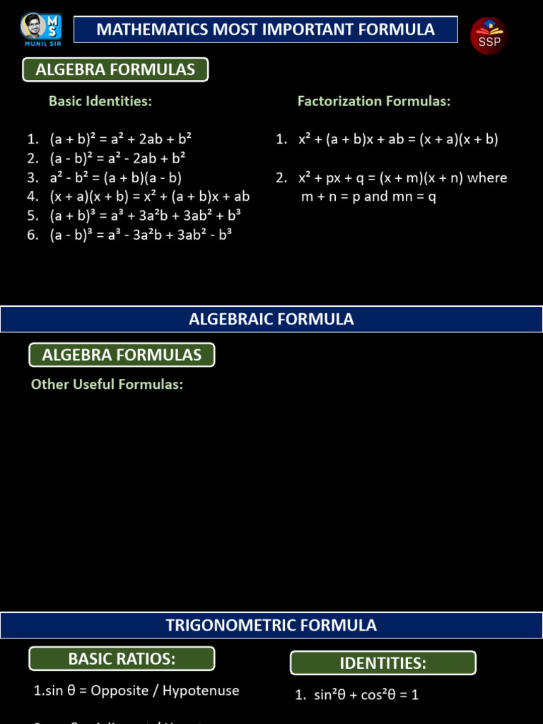 Key Algebra and Trigonometry Formulas | PDF | Area | Length