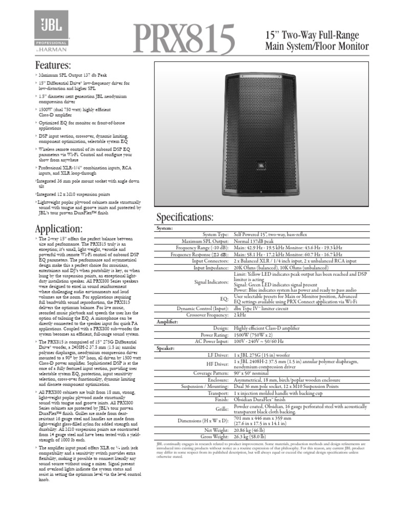 JBL PRX815 SpecSheet 12 16 19 | PDF
