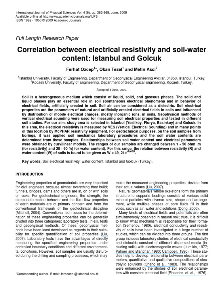 Correlation Between Electrical Resistivity and Soil-Water Content Based Artificial Intelligent ...