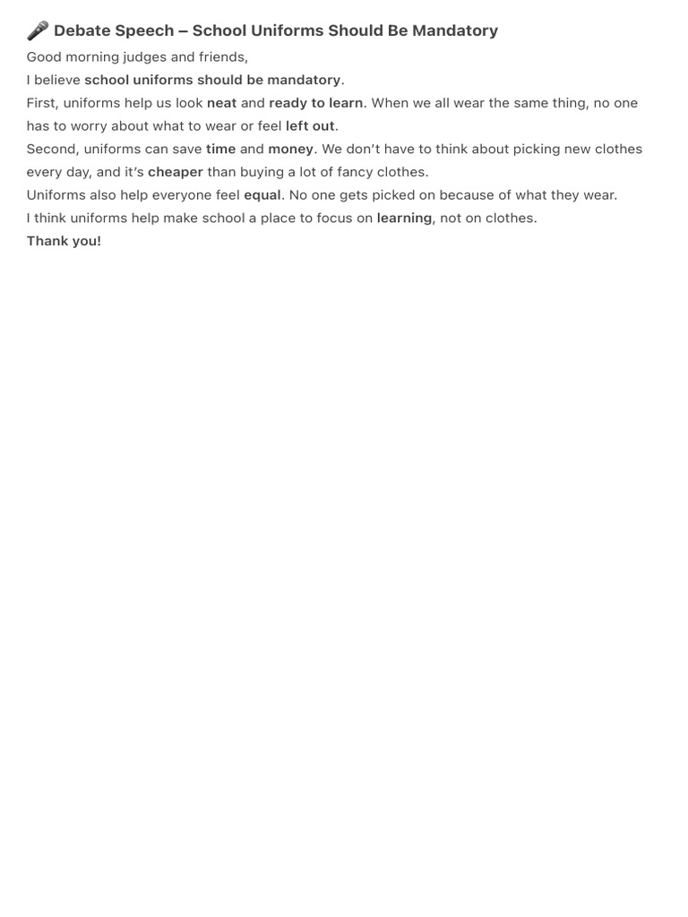 ? Debate Speech – School Uniforms Should Be Mandatory | PDF