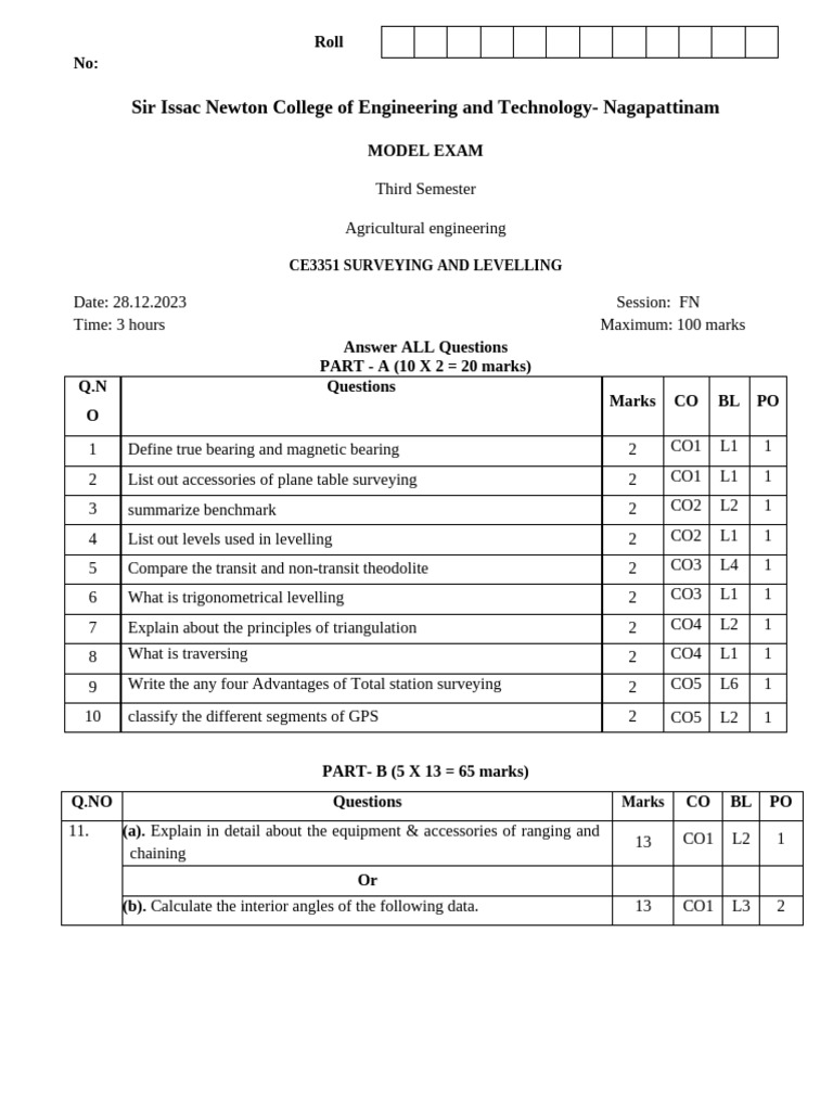 Model Exam QP Survey Set 1 | PDF | Surveying | Geographical Technology