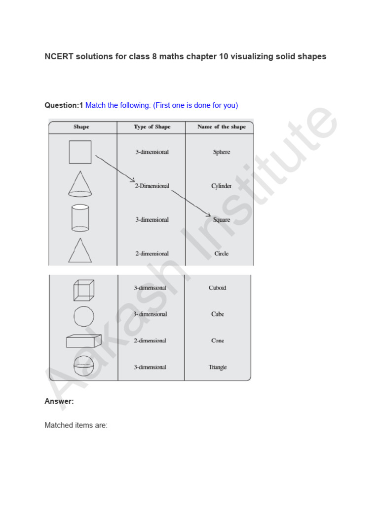 NCERT Solutions For Class 8 Maths Chapter 10 Visualizing Solid Shapes ...