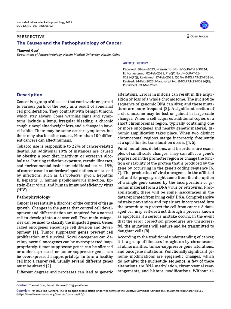 The Causes and The Pathophysiology of Cancer | PDF | Cancer | Oncogene