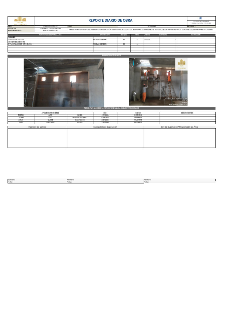 Reporte Diario de Obra - R&H Pichardo 13 Enero | PDF