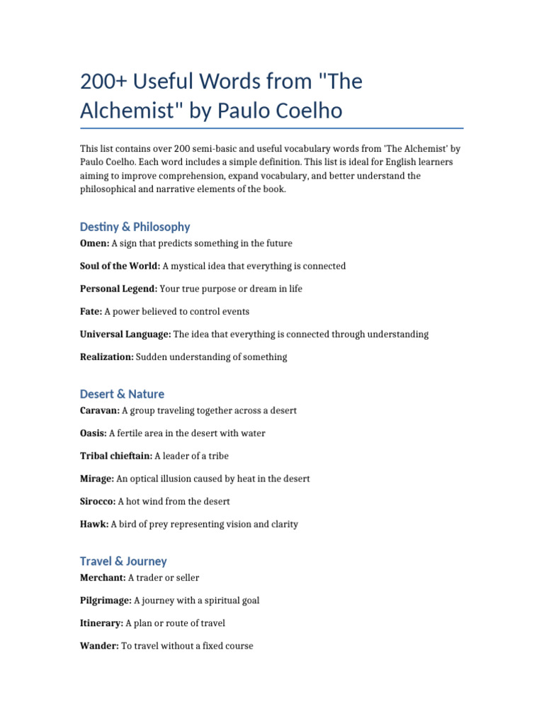 Vocabulary Guide for "The Alchemist" | PDF