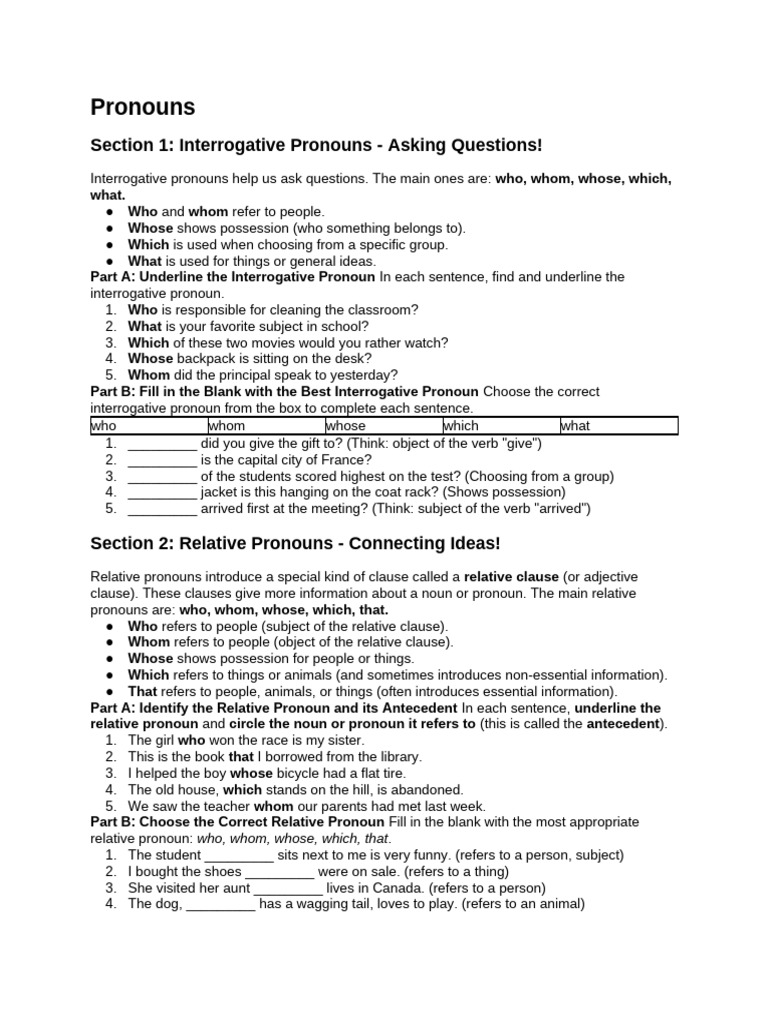Interrogative and Relative Pronouns Worksheet | PDF | Pronoun | Clause