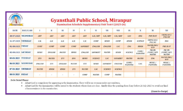 Revised Examination - Schedule - Supplementary - Unit - Test-1 - 2025 ...