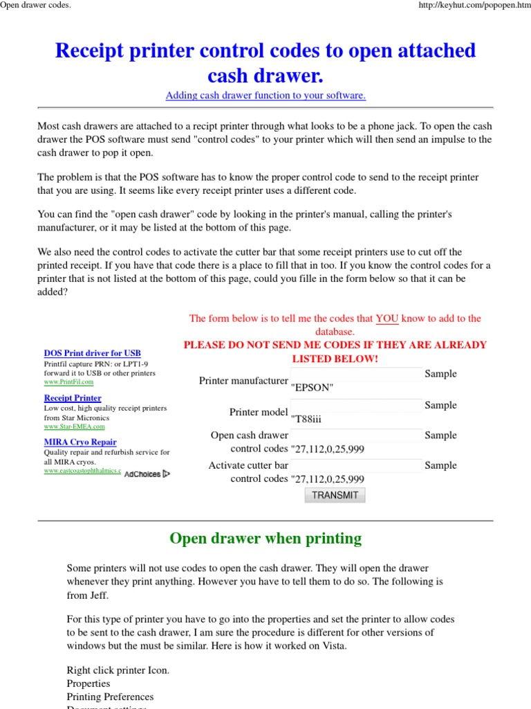 Open Drawer Codes | PDF | Printer (Computing) | Office Work
