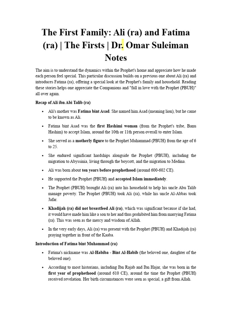 The First Family, Ali (Ra) and Fatima (Ra) - The Firsts - Dr. Omar ...