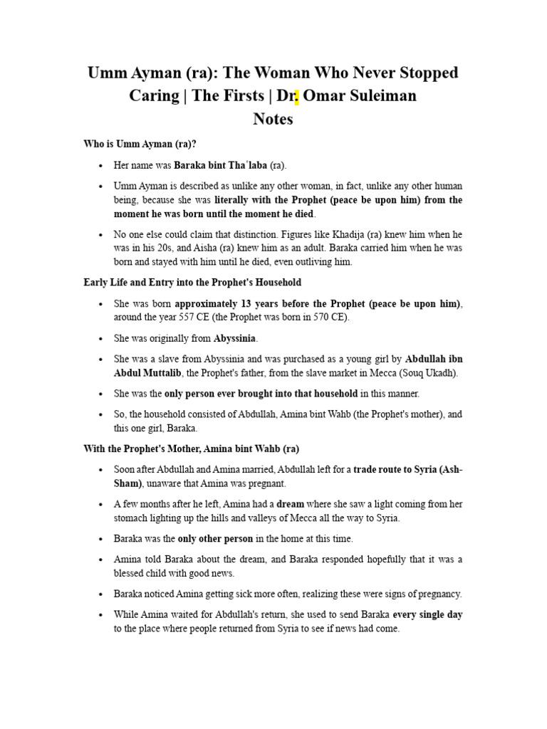 Umm Ayman (Ra), The Woman Who Never Stopped Caring - The Firsts - Dr. Omar Suleiman | PDF ...
