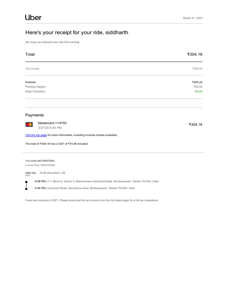 Uber Ride Receipt for March 27, 2025 | PDF