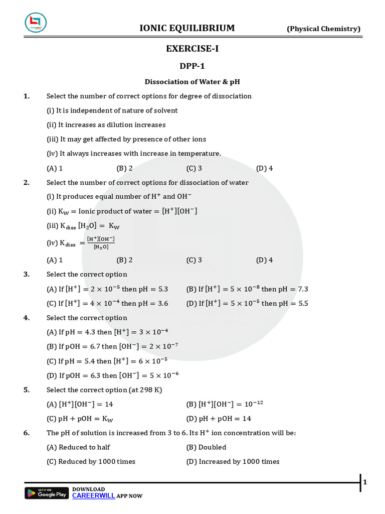 Sheet - 01 - Ionic Equilibrium | PDF | Ph | Buffer Solution