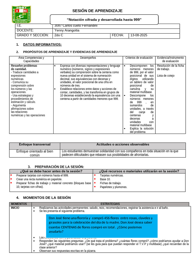 Sesión Matemática Notación Desarrollada y Cifrada Hasta 999 | PDF ...