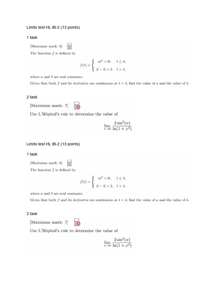 Limits Test HL IB-2 | PDF