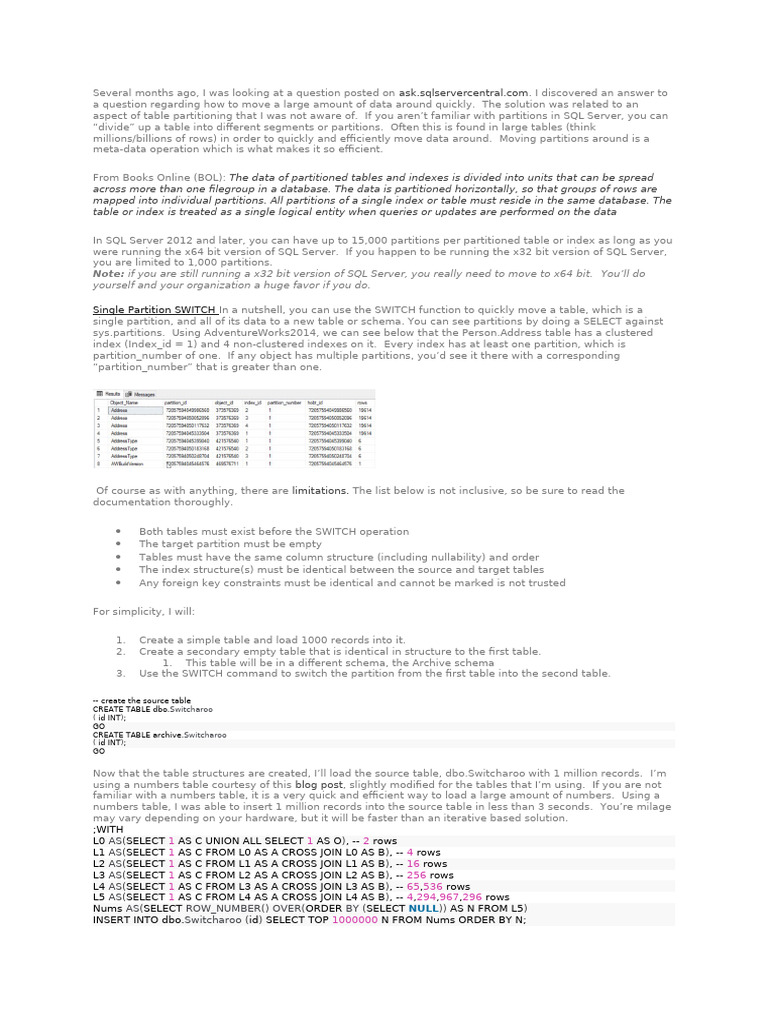 SQLServerSwitchingSinglePartition | PDF | Microsoft Sql Server | Database Index