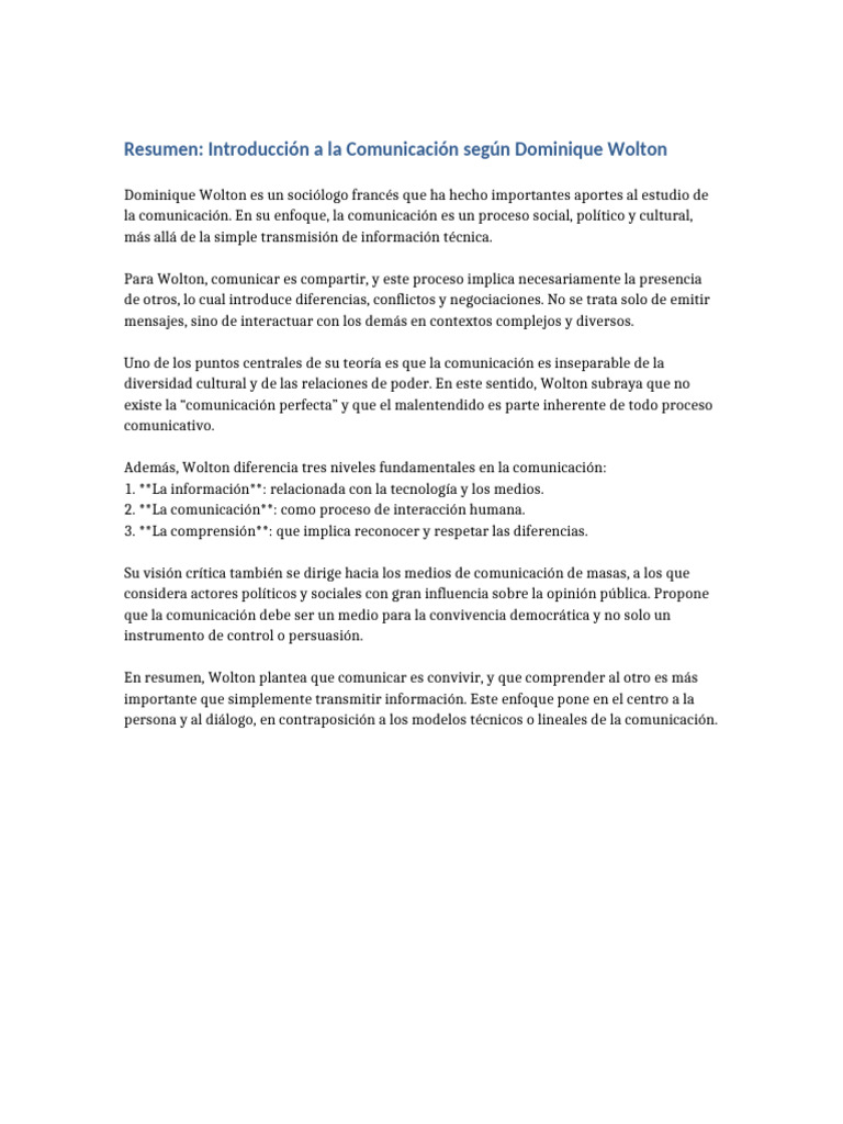Resumen Comunicacion Wolton | PDF