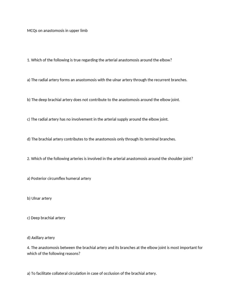Elbow Joint Anastomosis MCQs | PDF | Elbow | Arm