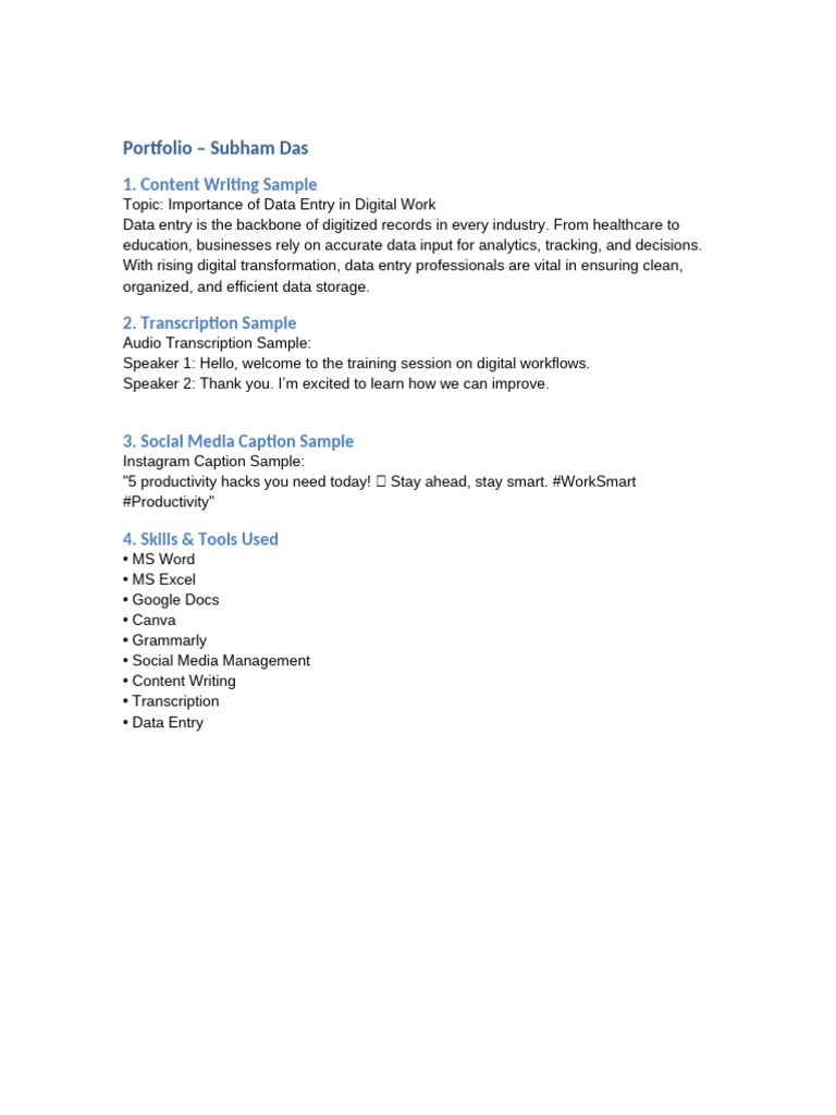 Subham Das: Content & Data Entry Portfolio | PDF