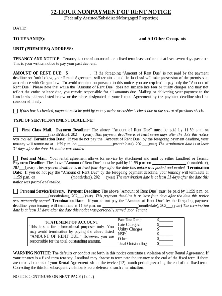 OR 72-Hour Nonpayment Notice - SubsidizedCARES | PDF | Lease ...
