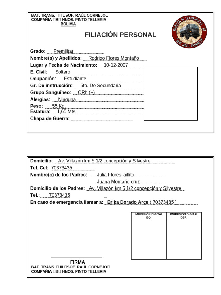 Filiacion Personal Del Pre-militar Rodrigo Flores Montaño | PDF