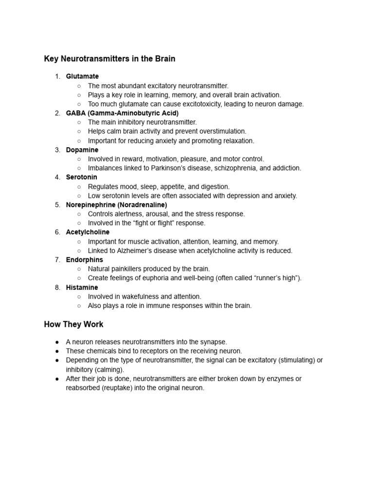 Essential Brain Neurotransmitters Explained | PDF
