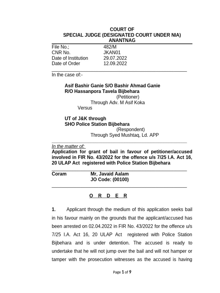 Asif Bashir Ganie Bail Rejection 16 20 ULA Act | PDF | Bail | Crimes