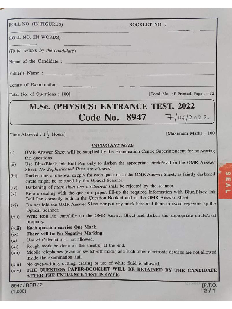 M.sc. Physics Entrance 2022 | PDF