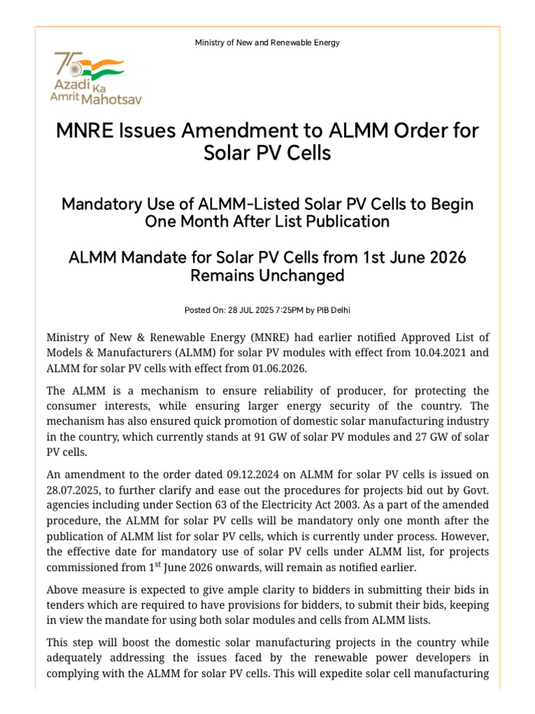 MNRE ALMM Amendment for Solar PV Cells | PDF