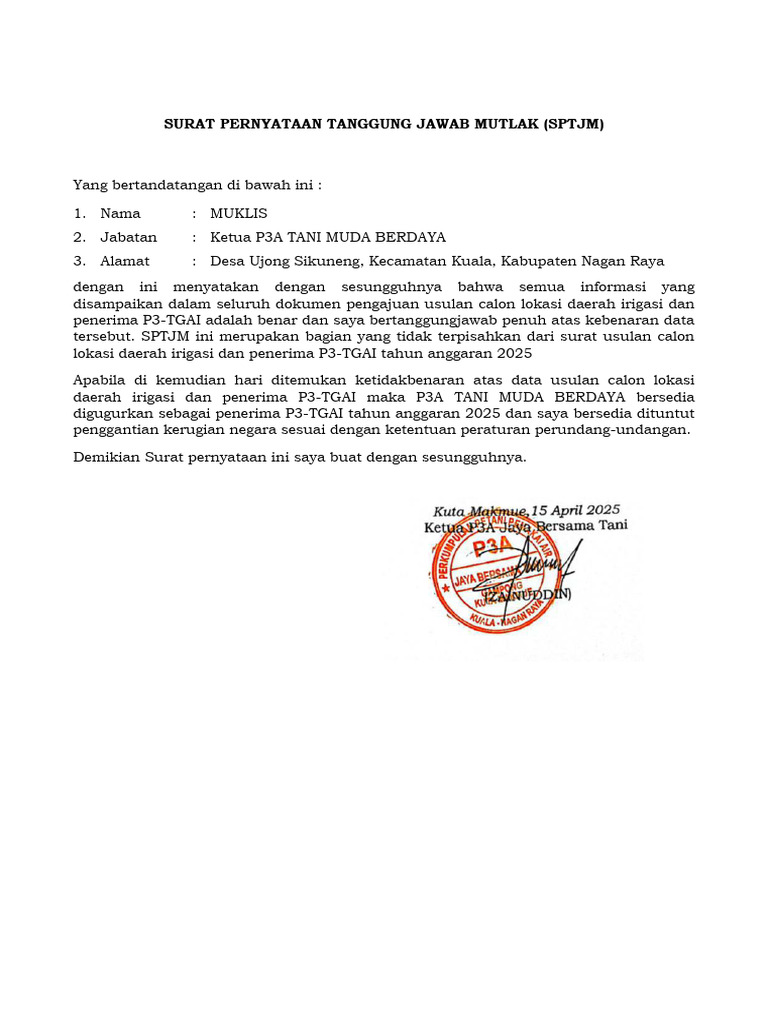 Contoh Surat Usulan 2025_P3-TGAI-SPTJM-Skema Petak Tersier-2 | PDF
