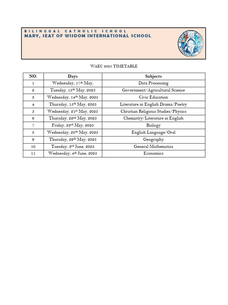WAEC 2025 Tmetable | PDF