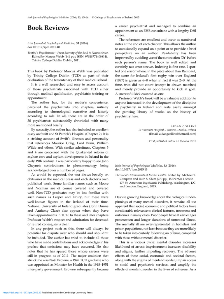 Book Reviews: Irish Journal of Psychological Medicine | PDF | Mental ...