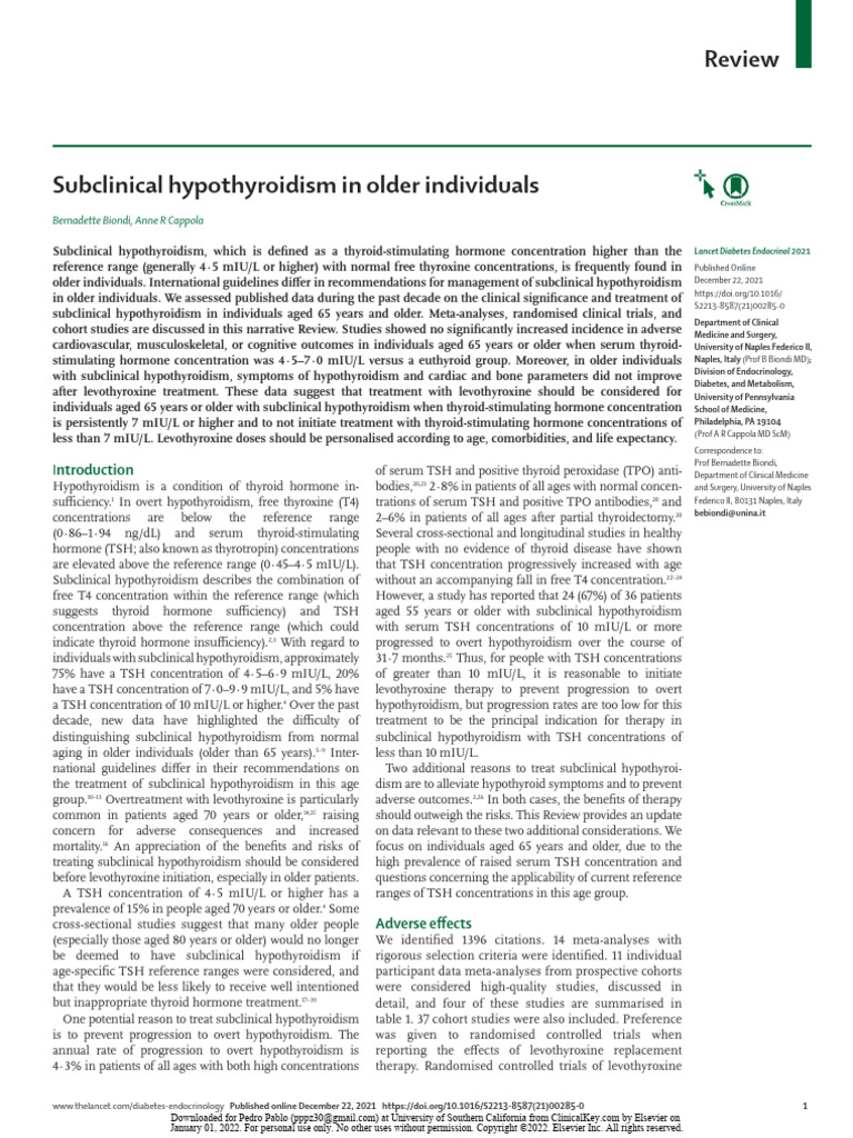 Subclinical Hypothyroidism in Older Individuals | PDF | Hypothyroidism ...