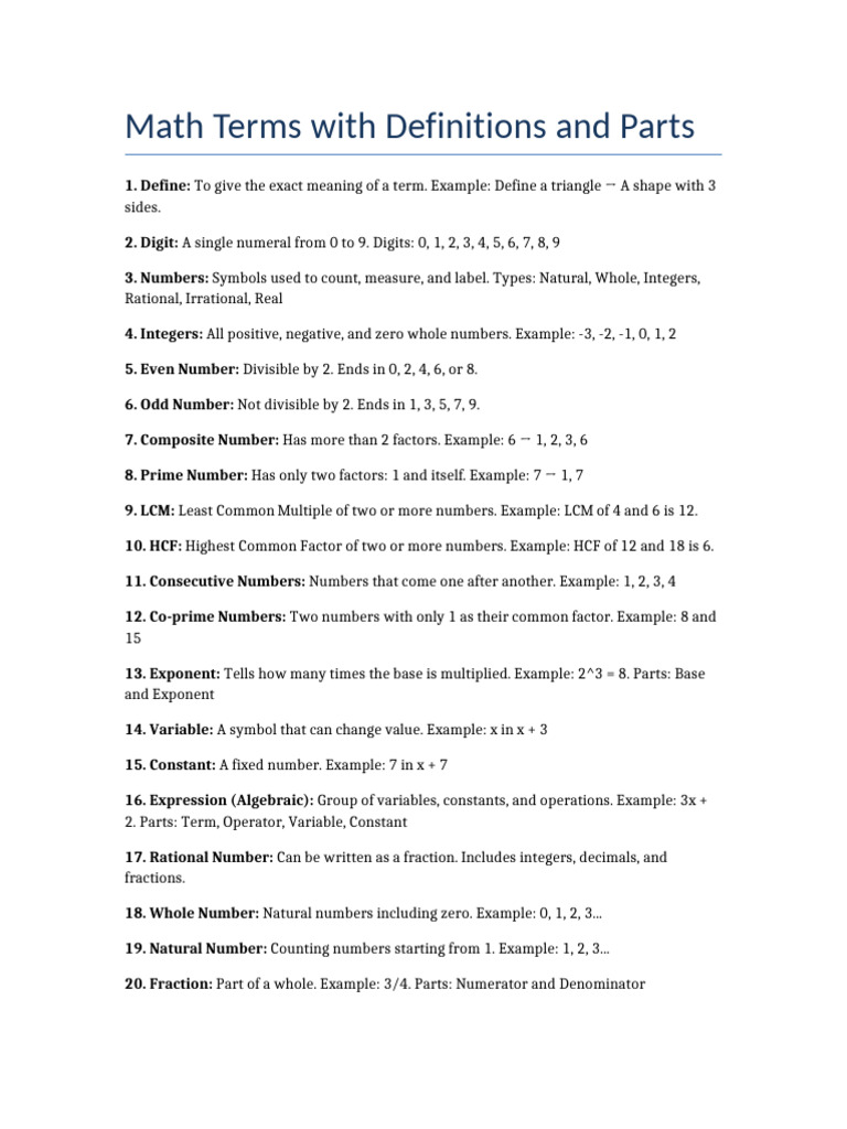 Math Terms Definitions Parts | PDF | Numbers | Mathematics