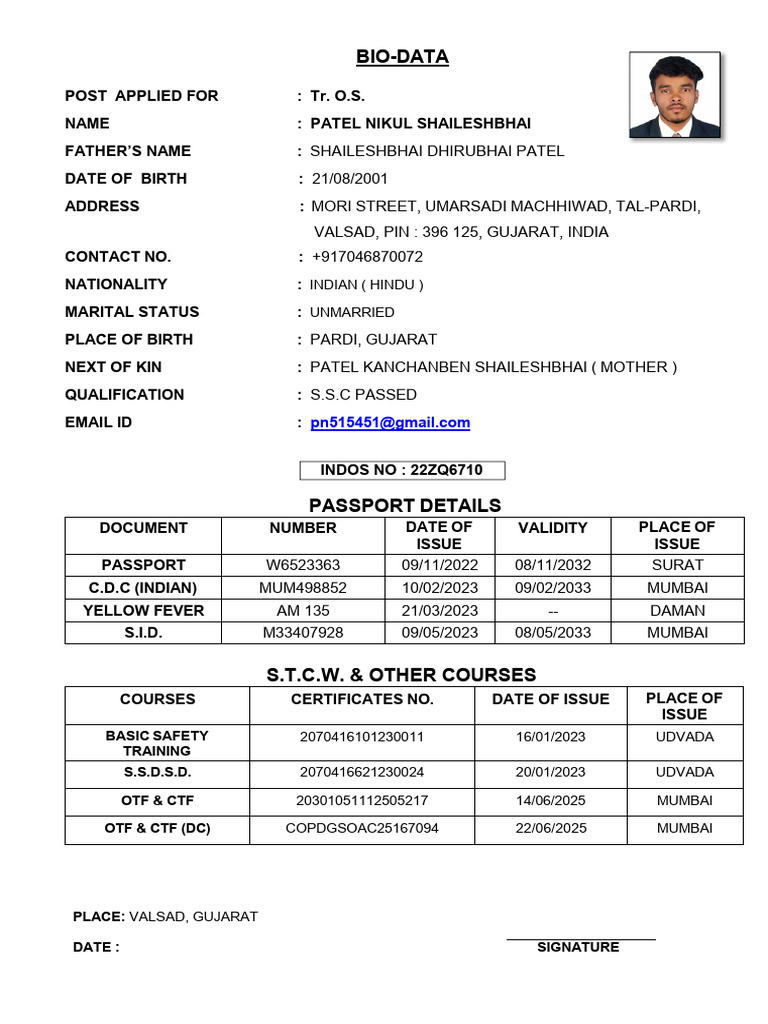 Nikul Patel Bio-Data for Tr. O.S. Position | PDF