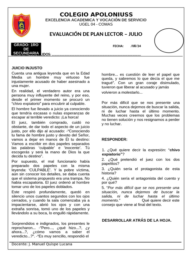 Eva Plan Lector Julio 1 A 5 | PDF