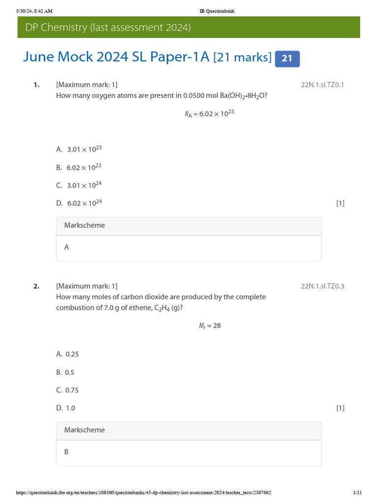 KEY June Mock 2024 SL Paper-1A | PDF | Ionic Bonding | Chemical Bond