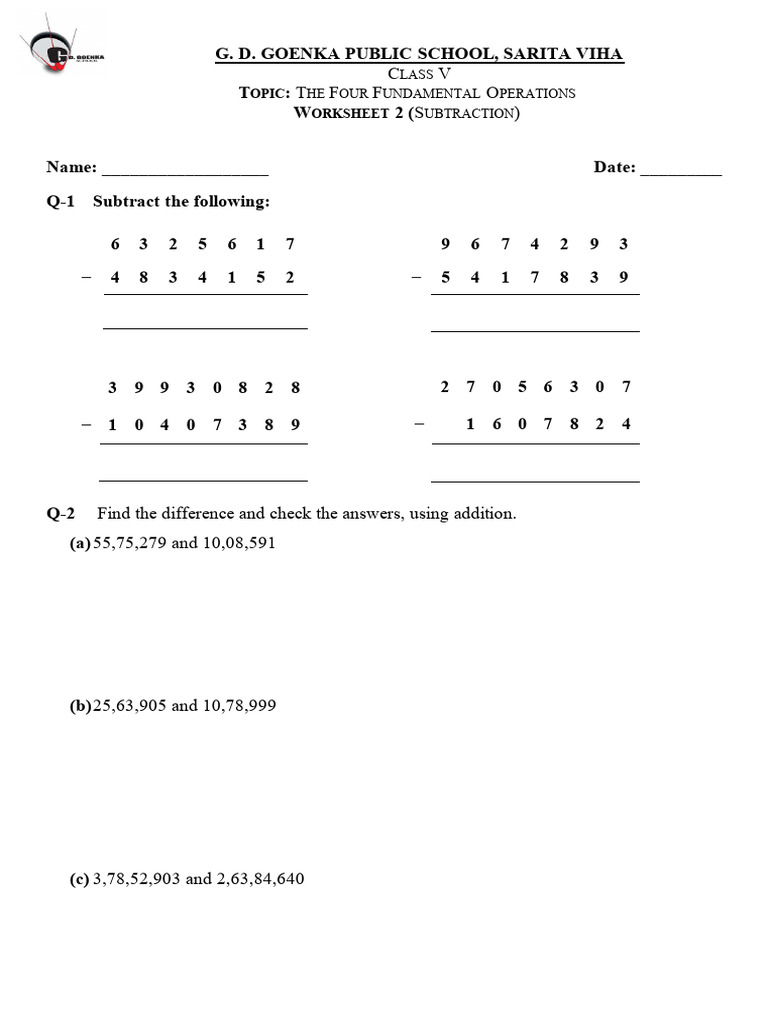 Class 5 Subtraction Worksheet | PDF
