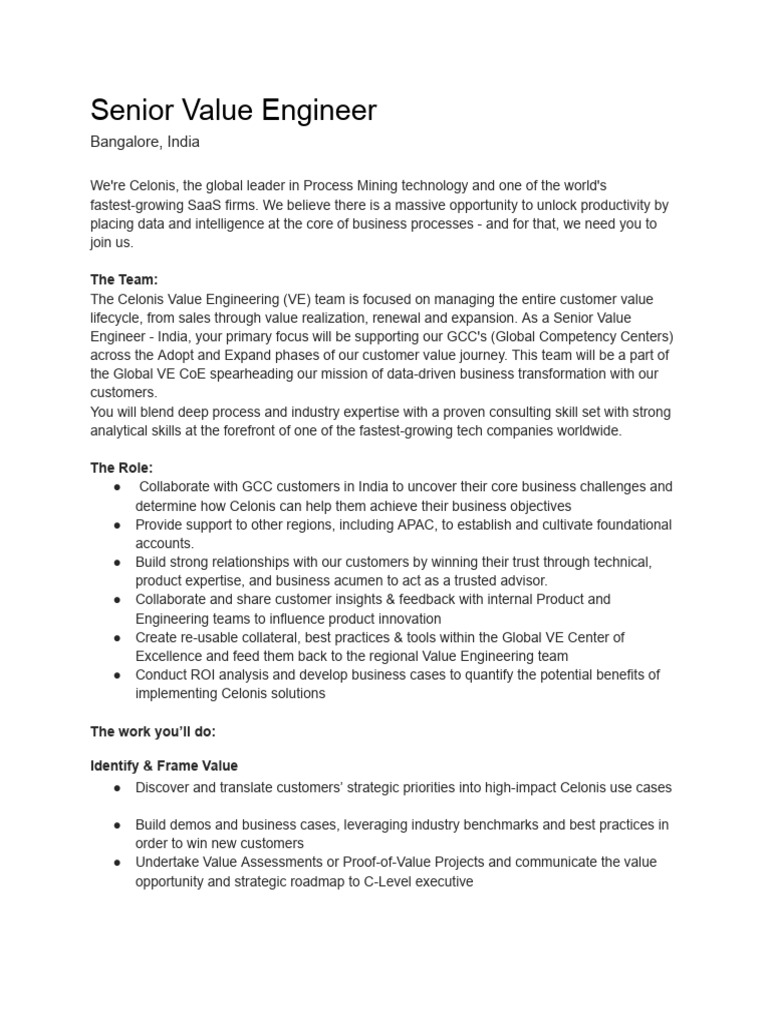 Senior Value Engineer - Celonis India | PDF | Business Process | Analytics