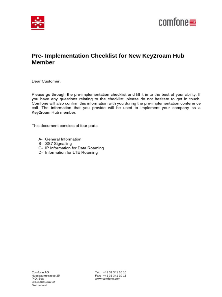 Key2roam Hub Pre-Implementation Checklist | PDF | Roaming | Information ...